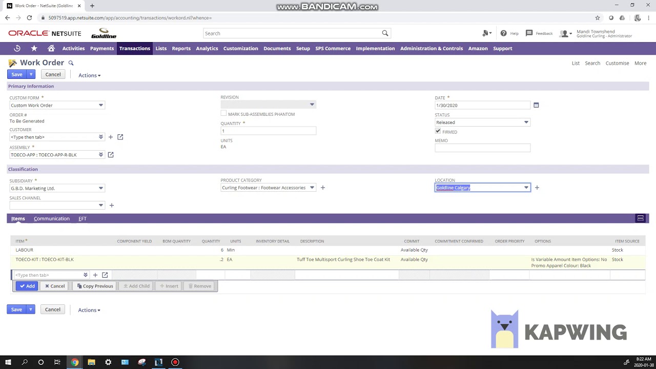 NETSUITE: Creating a Work Order