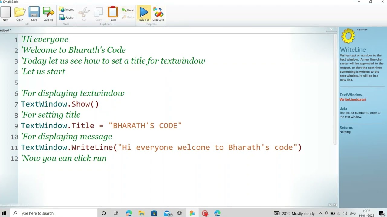 Bharath's Code // Setting a Title for TextWindow // Microsoft Small Basic