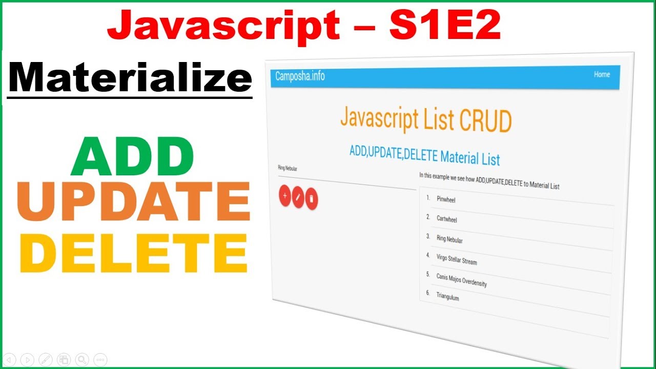 Javascript S1E2 : Materializecss List CRUD - ADD UPDATE DELETE