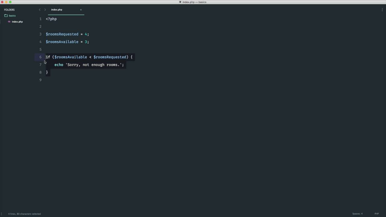 PHP Basics: IF statements and operators: Comparison operators (16/35)