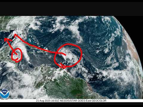 Tropical Storm Laura near Virgin Islands, TD-14 in Caribbean