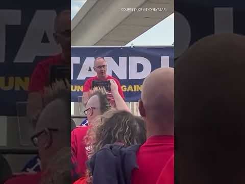 UAW strikers walk out during demonstration in Detroit