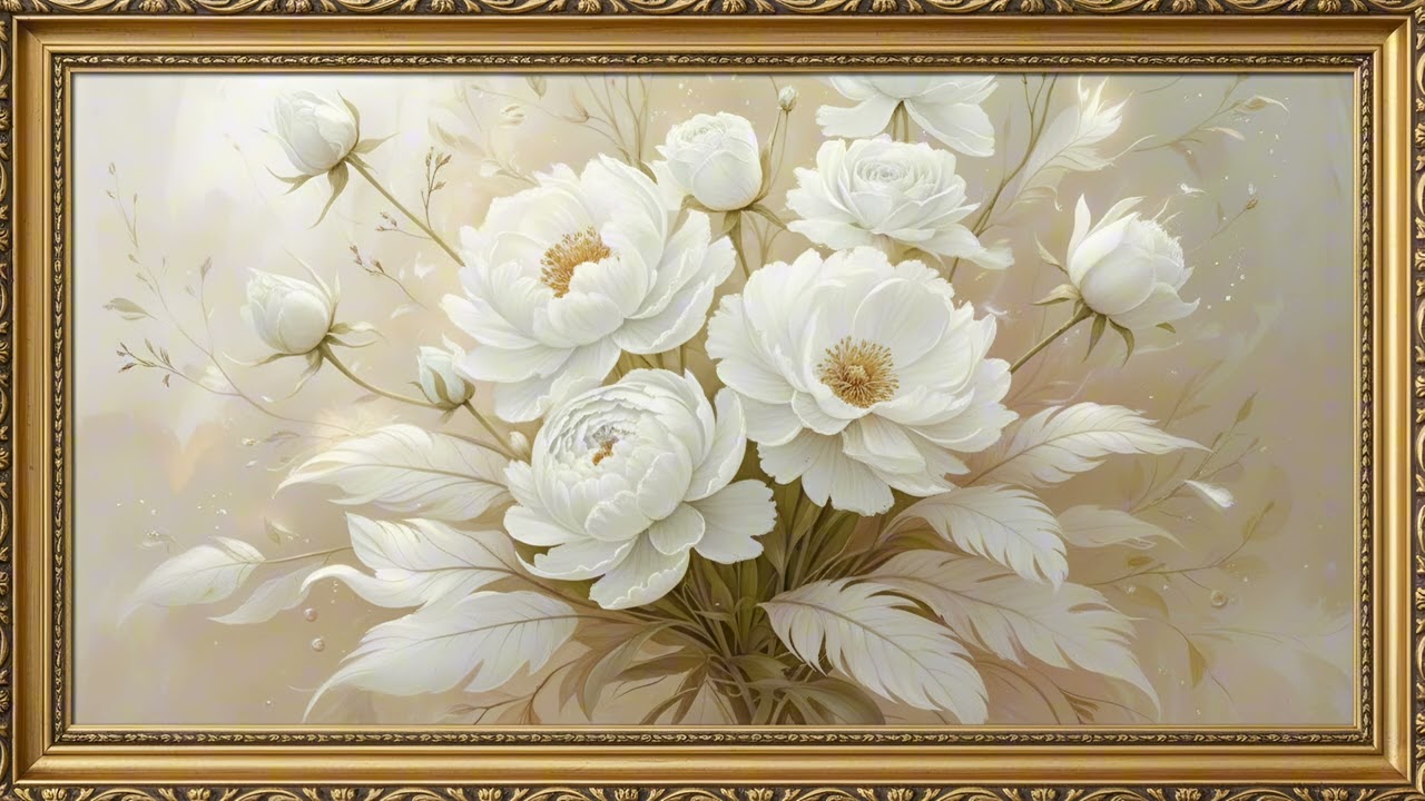 Elegant White Peonies | 4K TV Art Gallery Screensaver | Framed Art Screensaver