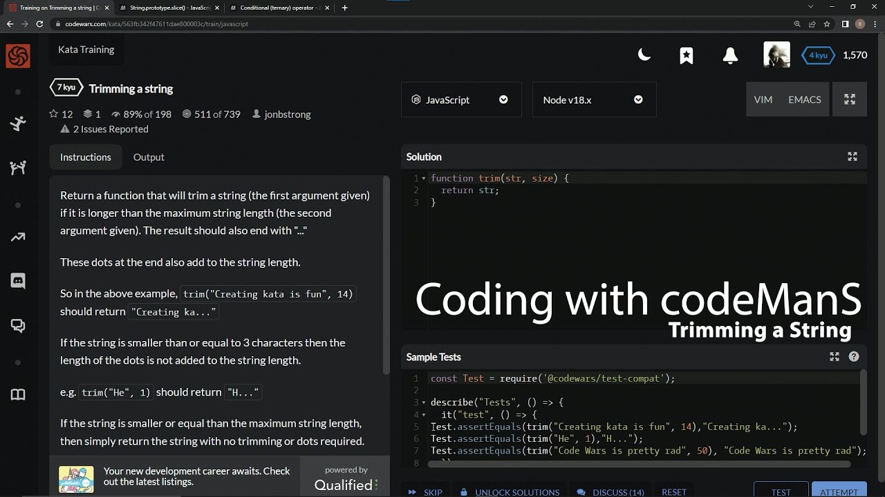 Codewars 7 kyu Trimming a String Javascript