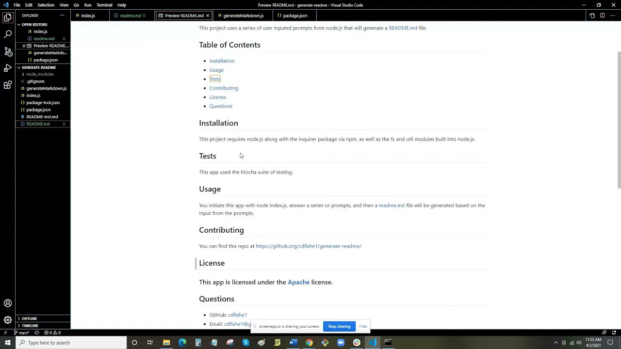 Node.js Generate Readme app
