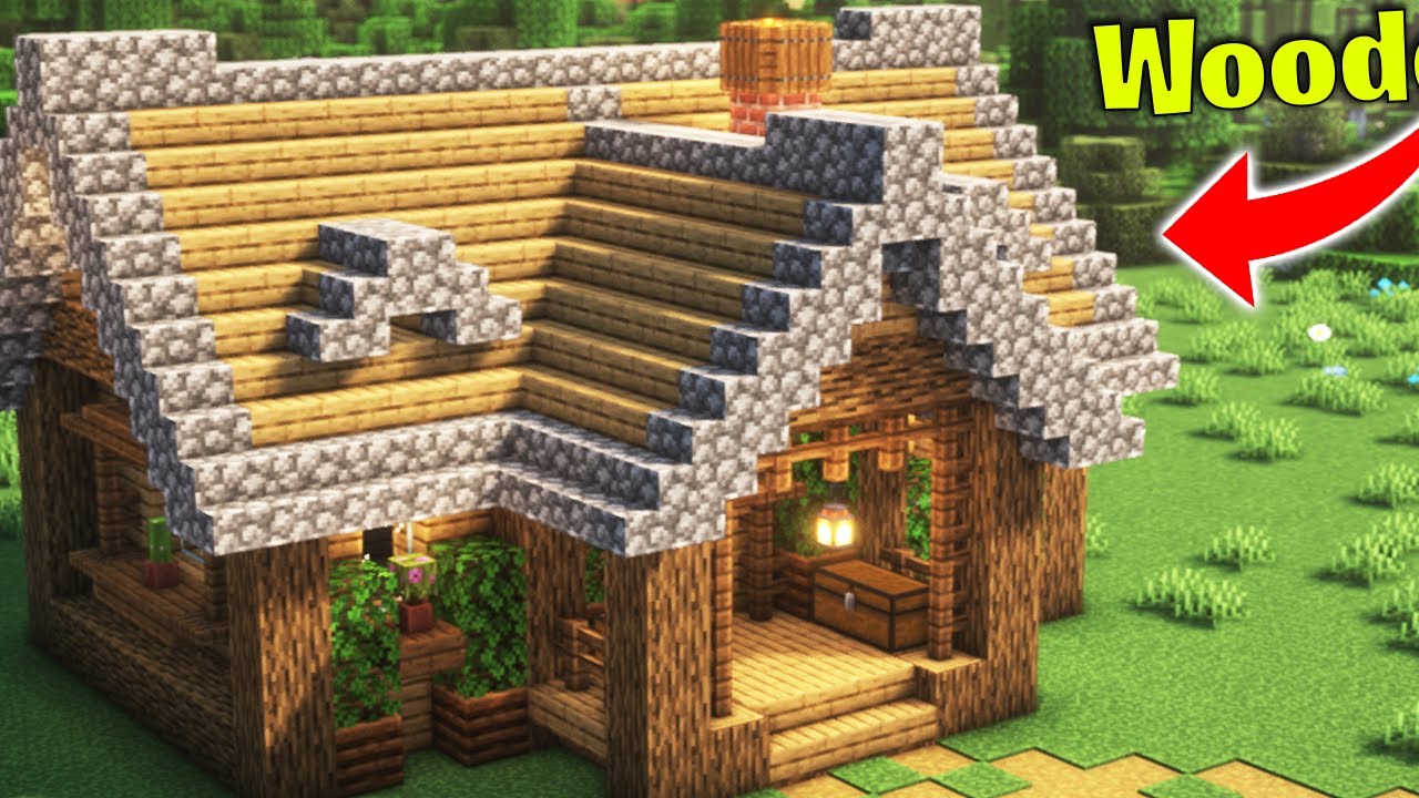 How to Build Wooden House with Cobblestone Roof - Minecraft Tutorial - Minecraft Builders