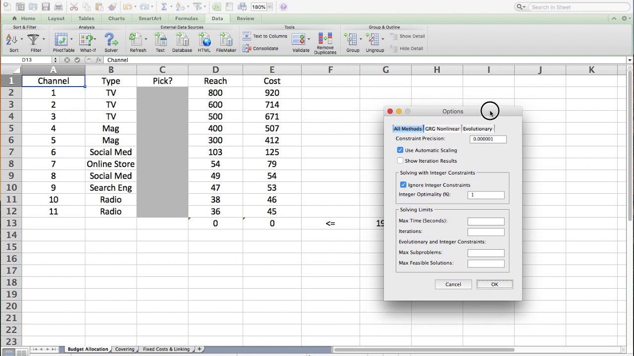 Integer Programming: Budget Allocation with Excel Solver (Knapsack Problem)