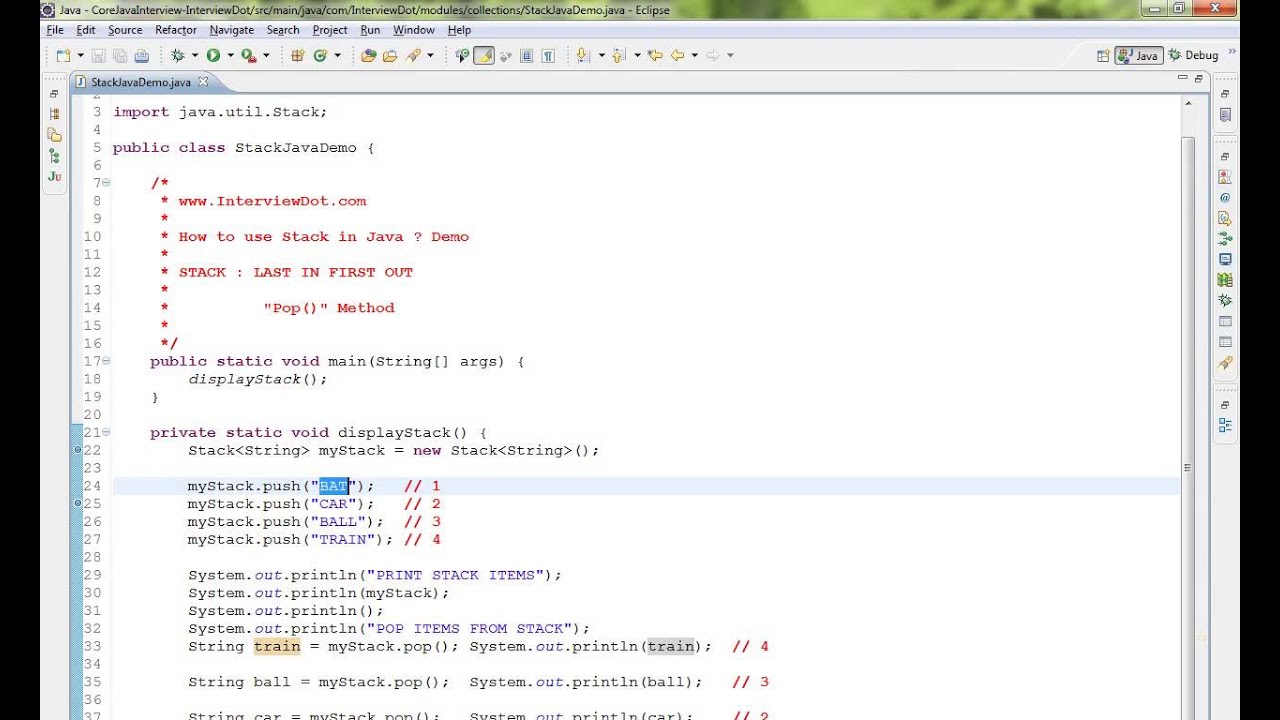 STACK POP METHOD EXAMPLE IN JAVA DEMO
