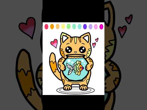 Cute Kawaii Cat Coloring, Rainbow Cat and Fish Art for Kids #coloring #kawaii #cat #satisfying