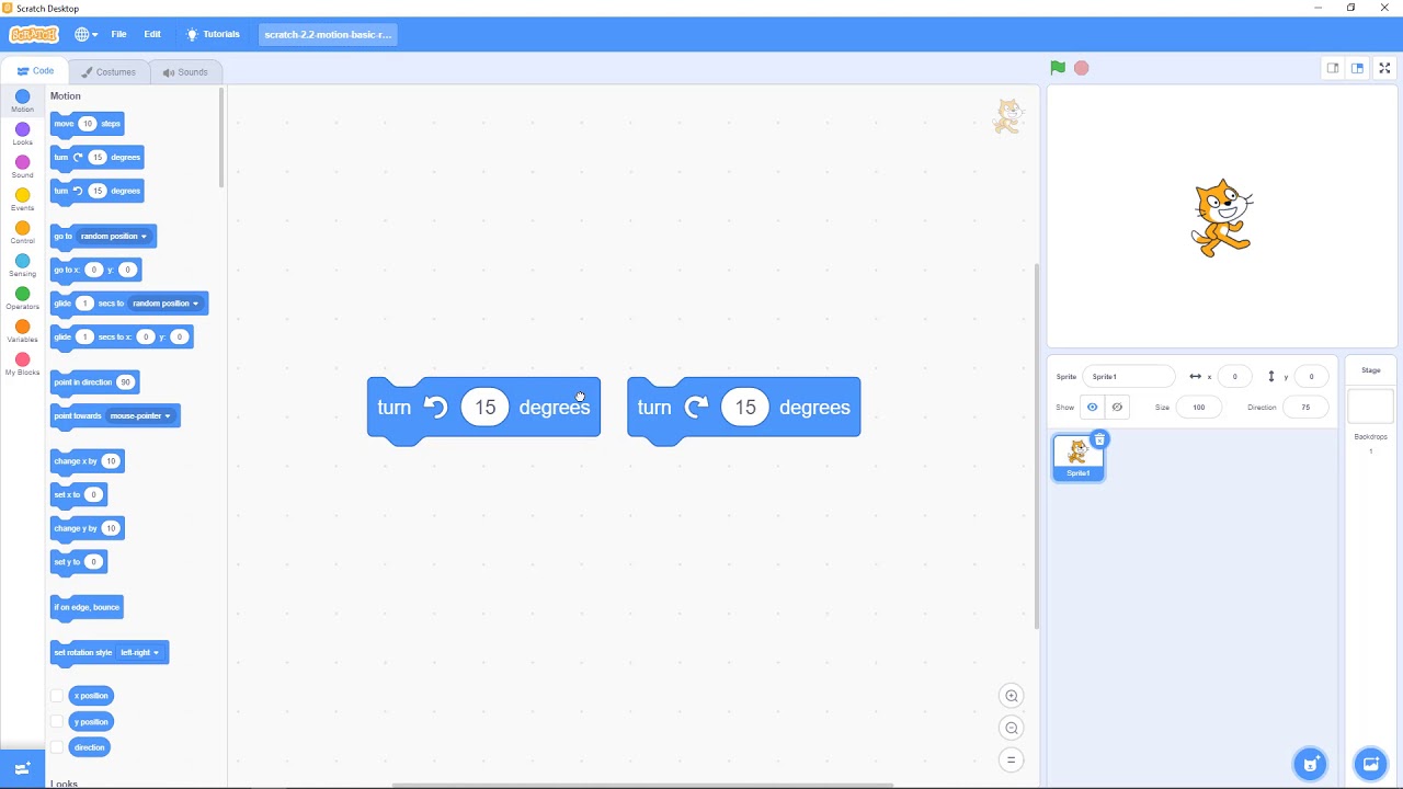 Scratch 2.2: Motion, Basic Rotation