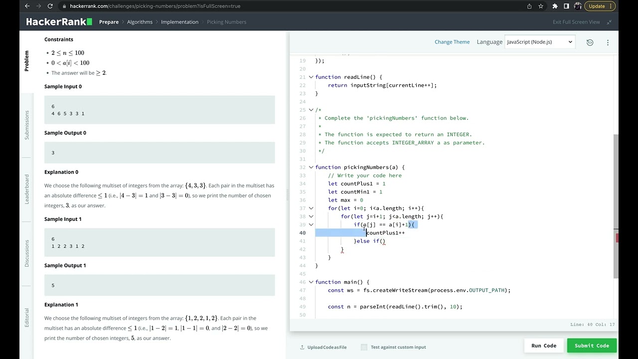 Hackerrank Algorithm Solution - Picking Numbers (Javascript)