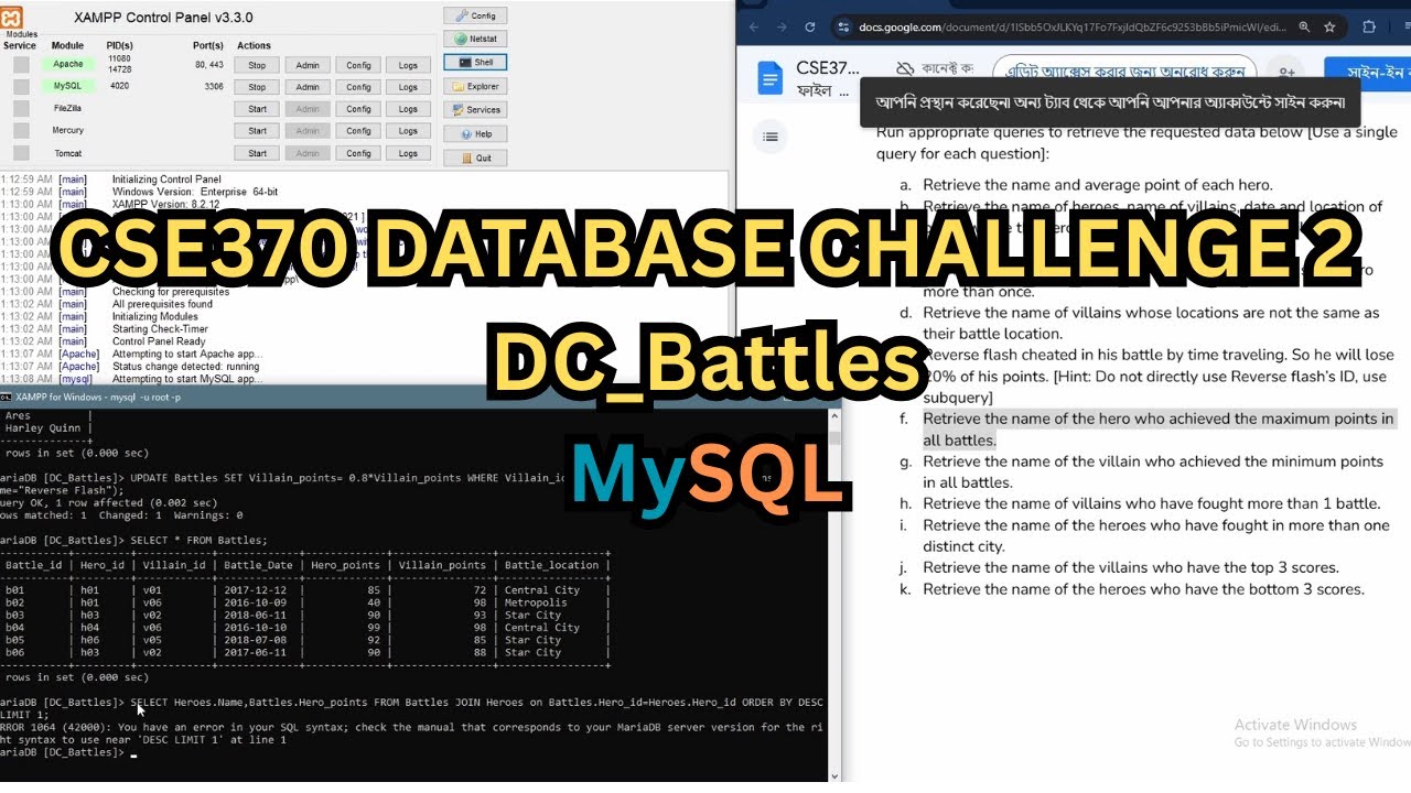 PRACTICING: CSE370  Database Systems Lab DATABASE CHALLENGE 02 DC_Battles MySQL