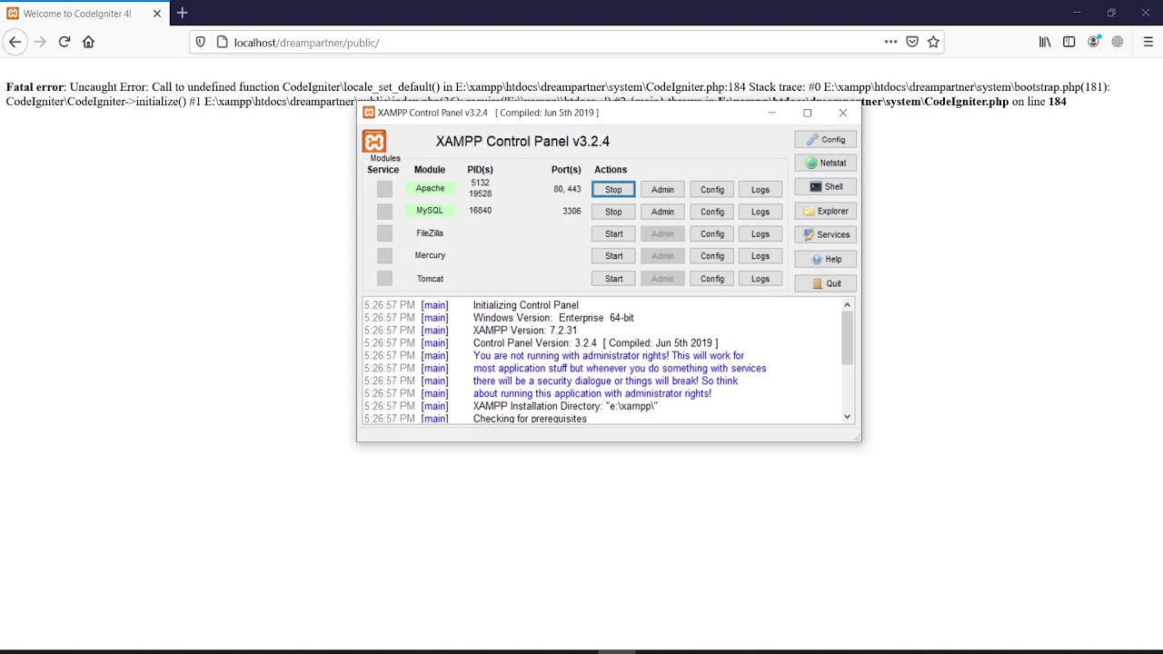 Codeigniter 4 error running first time with xampp - fixed | Codeigniter