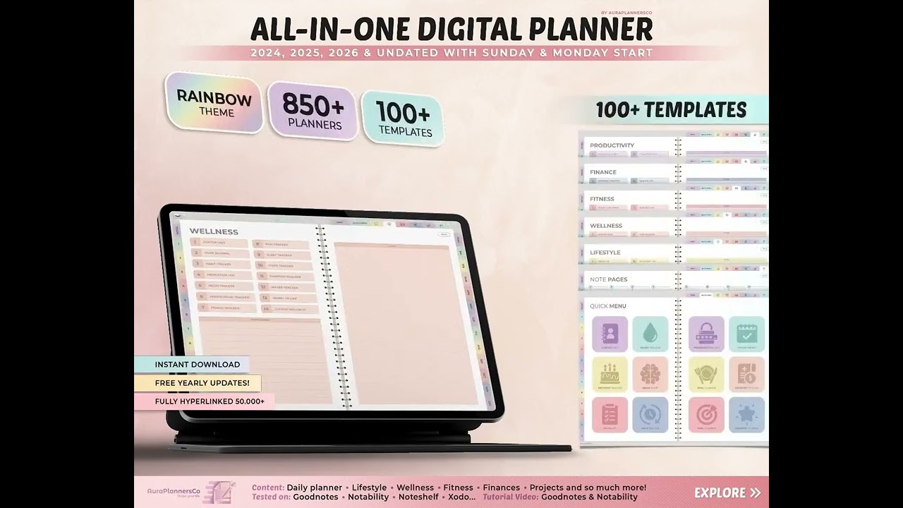 All-in-One Digital Planner 2024, 2025, 2026 Digital Goodnotes Template