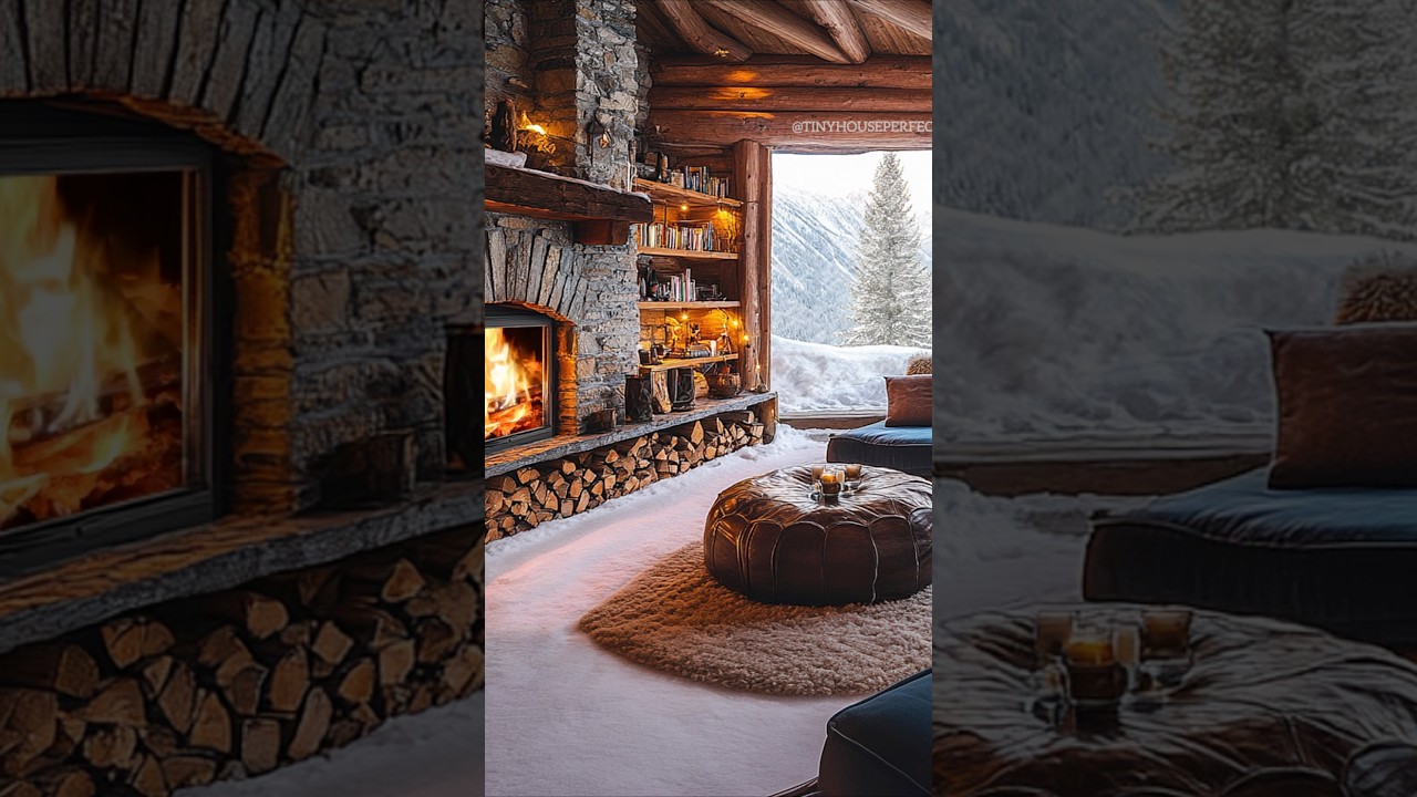 Cozy log cabin living room with stone fireplace, curved sofa, and snowy mountain view😍