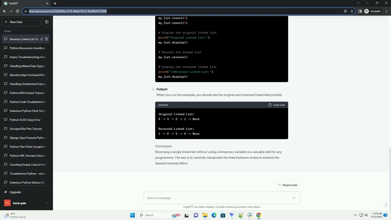 Reverse singly linked list in python without using a temporary variable