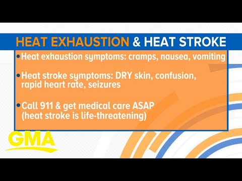 What are the symptoms of heat exhaustion and heat stroke?