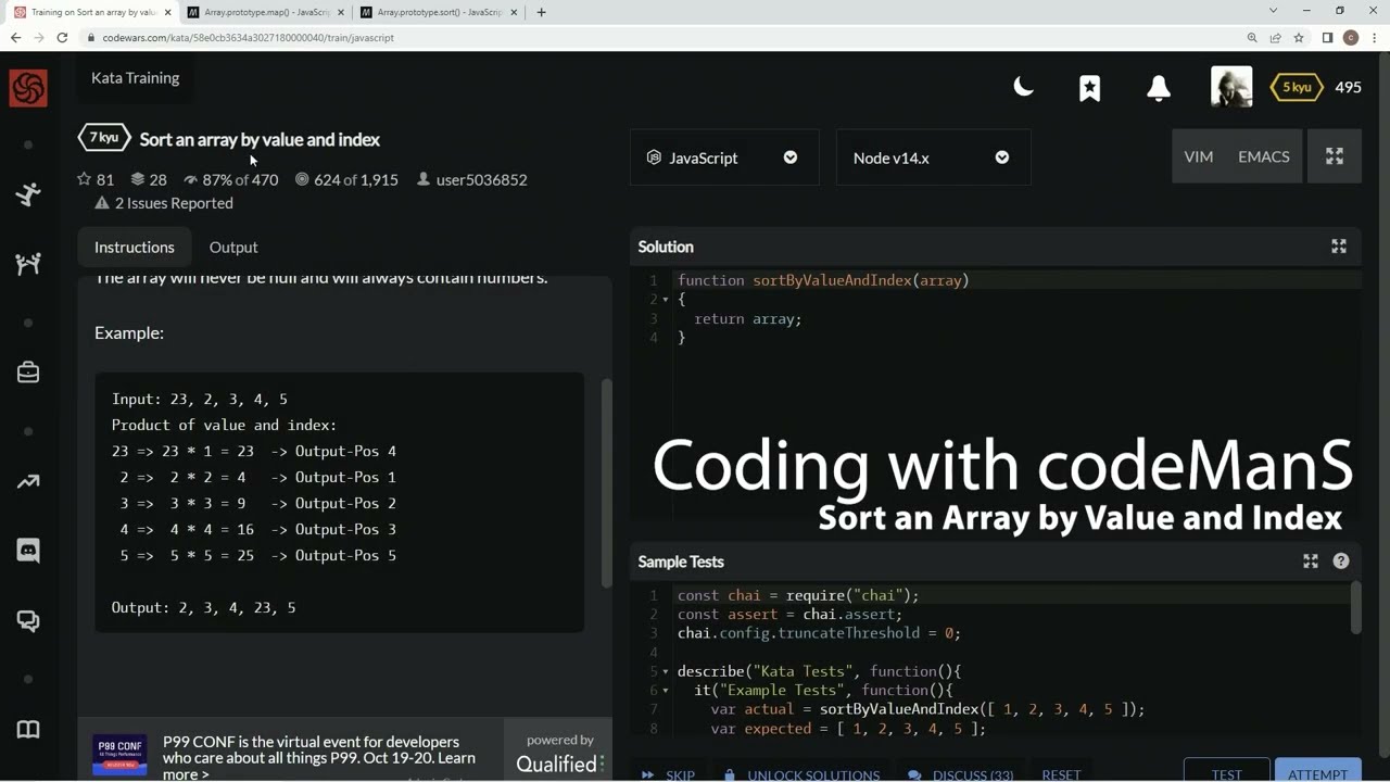 Codewars 7 kyu Sort an Array by Value and Index JavaScript