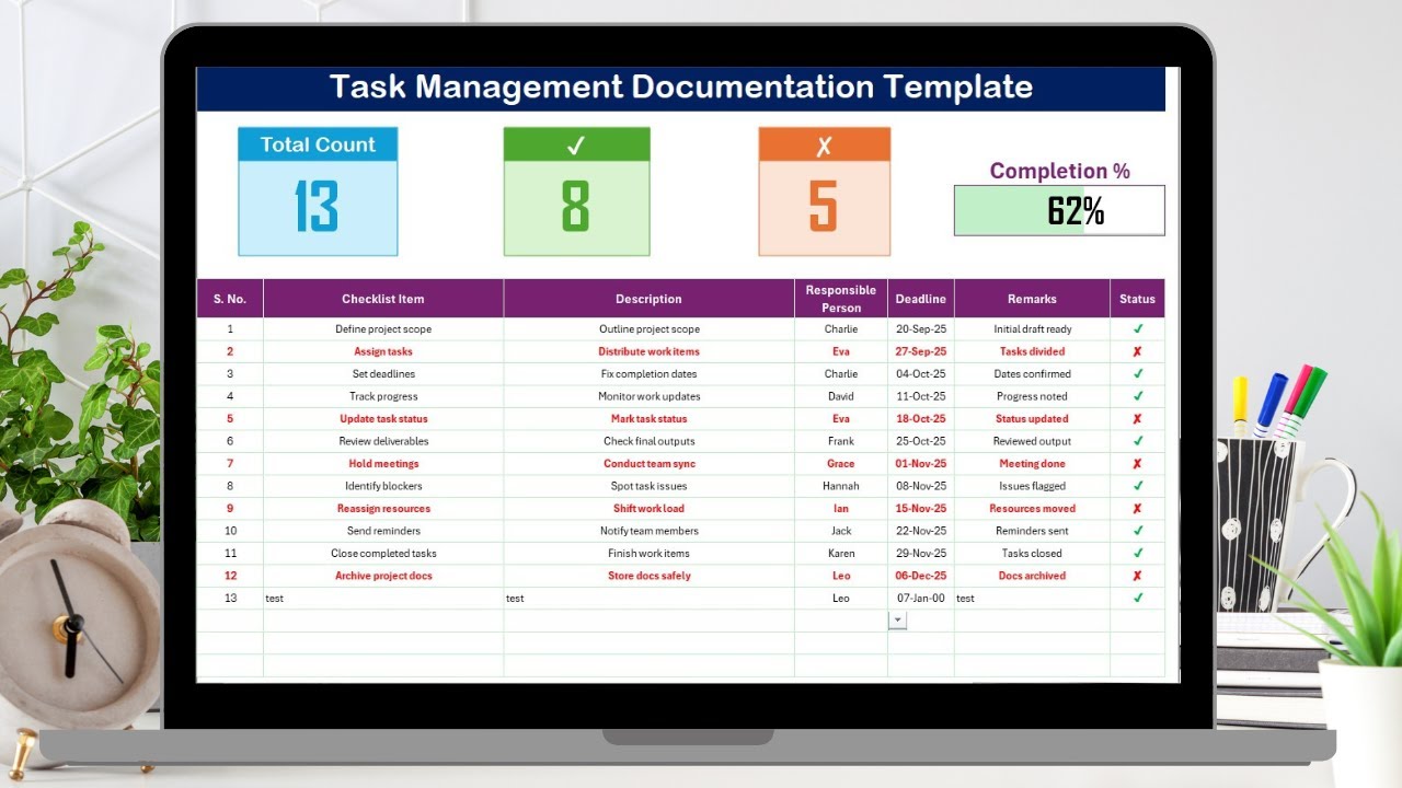 Task Management Documentation Checklist in Excel