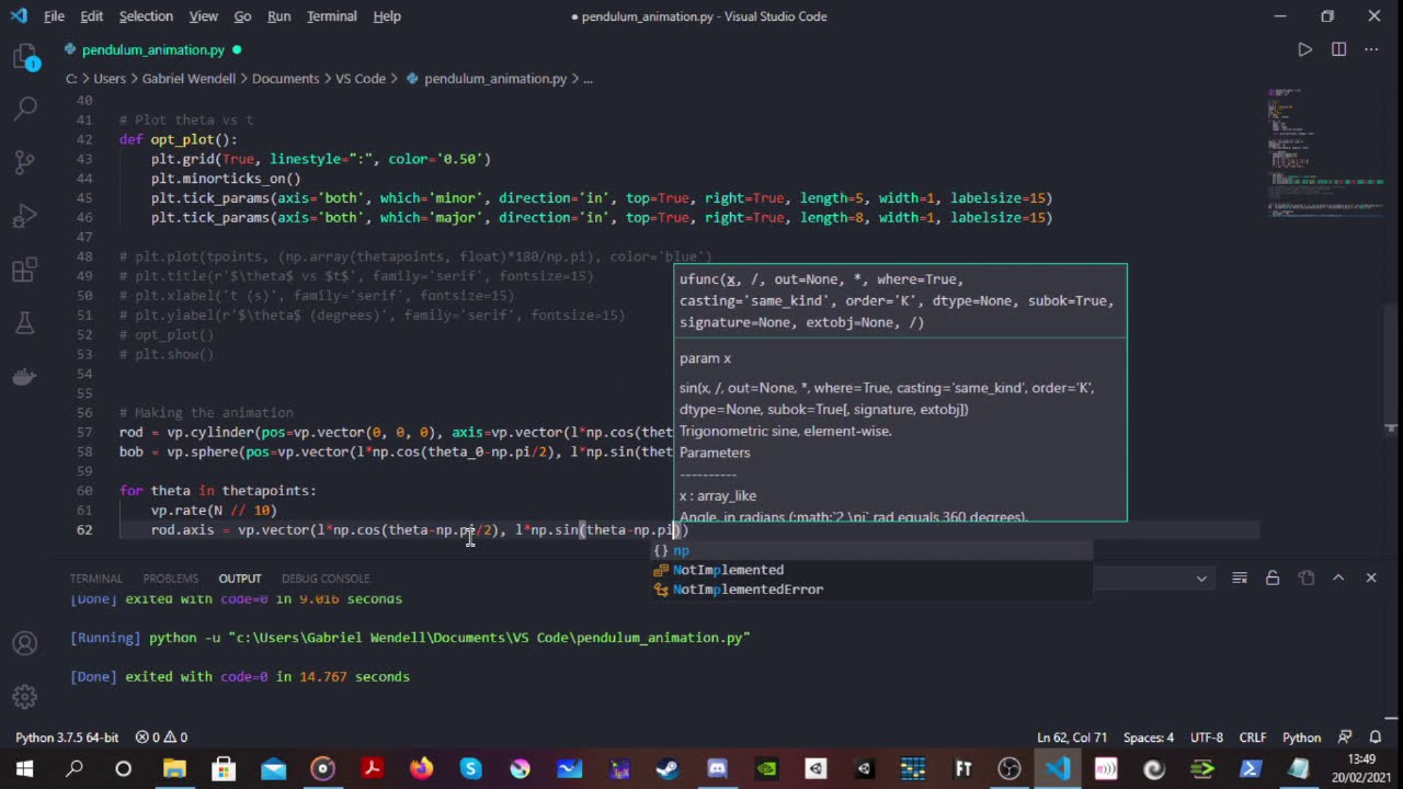 Making a simple animation of a simple pendulum using VPython.