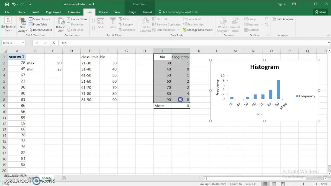 Use Excel  2016 to make Frequency distribution and Histogram for quantitative data