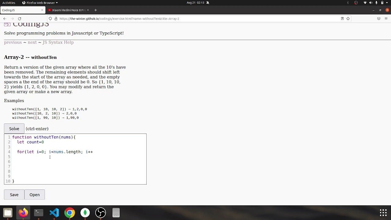CodingJs (Codingbat) Array-2 -- withoutTen  Javascript solution