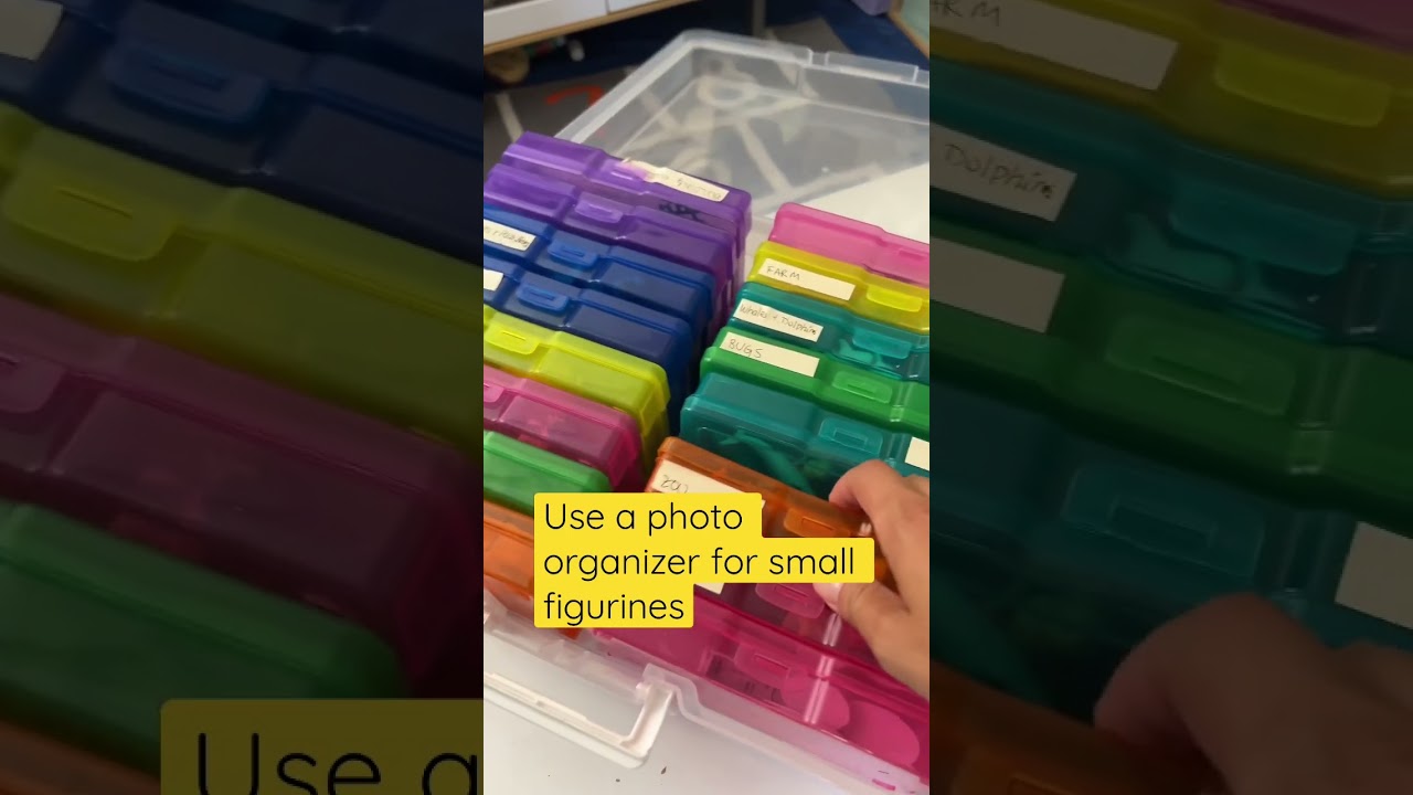 A great idea to store sensory bin supplies - mini figures for themed sensory bins