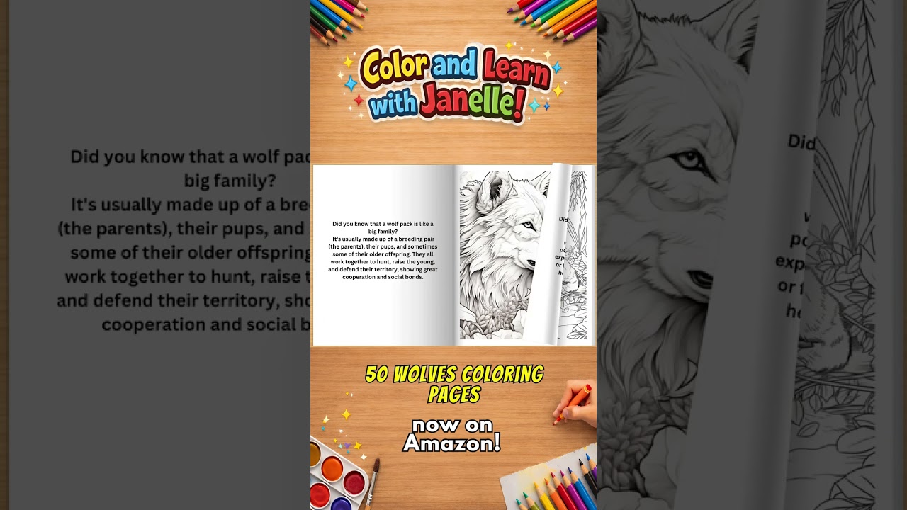 Wolf coloring book with 50 pages and fun wildlife facts