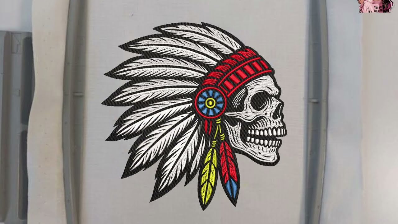 Native America Skull Embroidery Design | Feathered Headdress Tribal Machine Embroidery