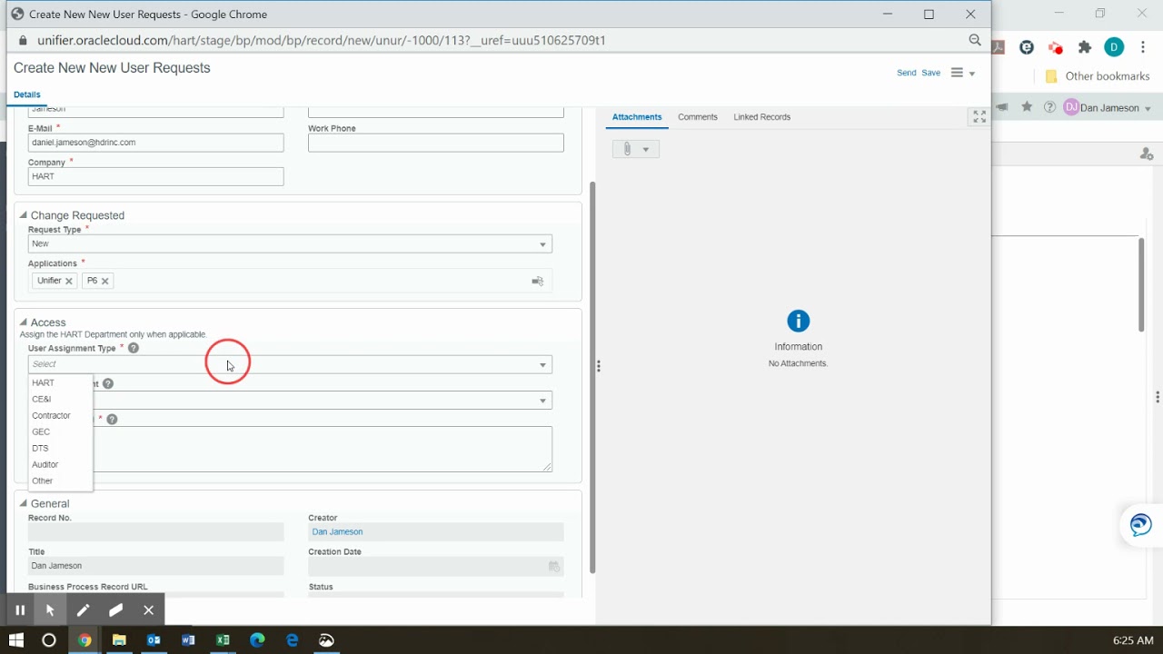 Creating a New User Request Record