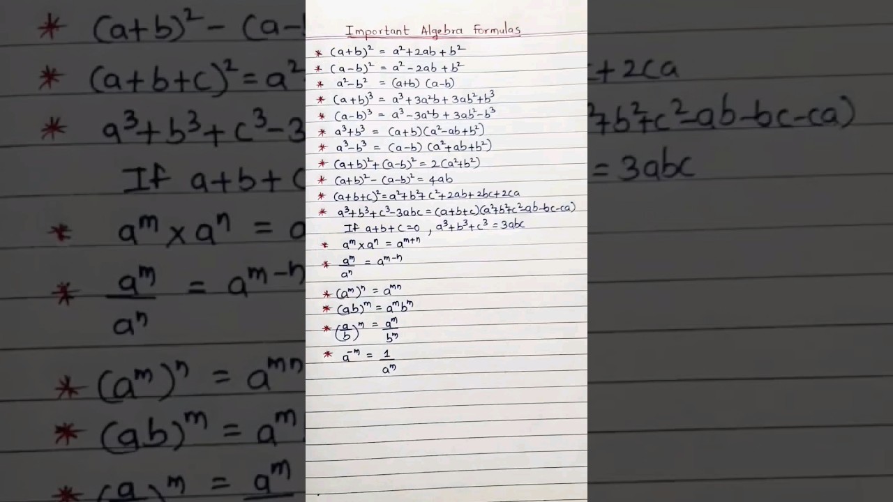 Important Algebra Formulas || Algebra Formulas