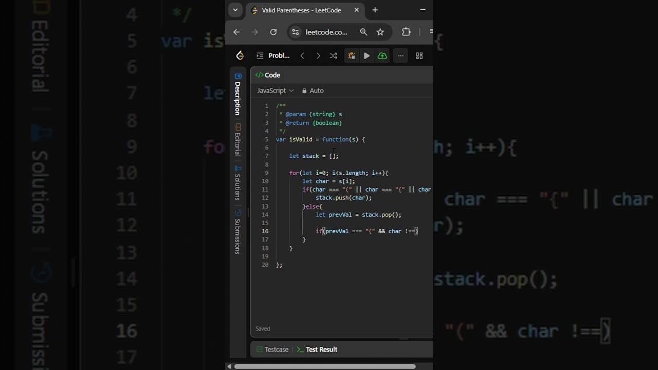20/365 leetcode question series in Javascript | valid parentheses #dsa #javascript #development #fun