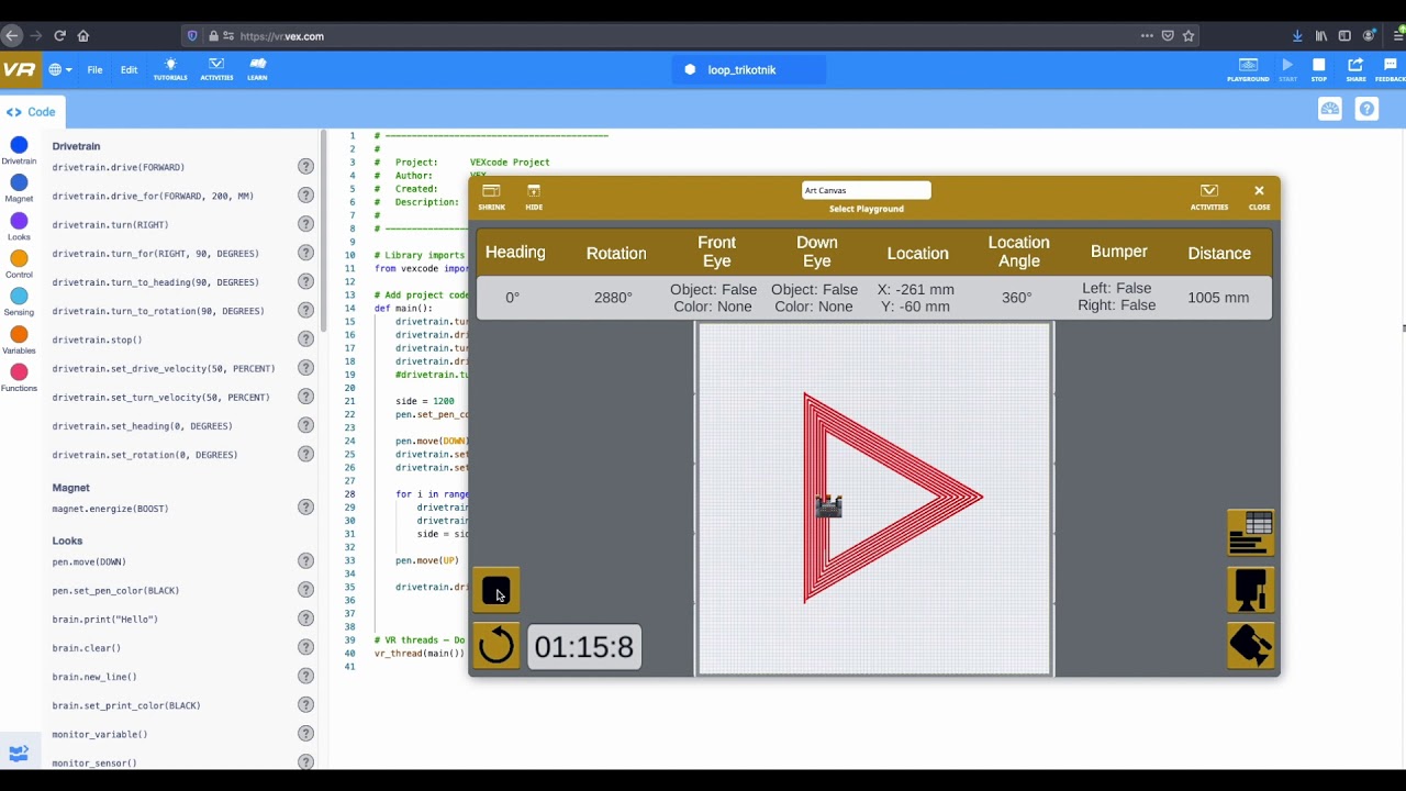 Draw spiral triangle (Python VEXCode VR)