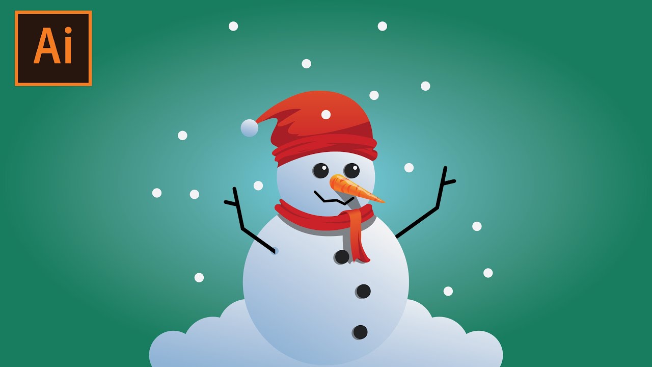 Snow man and winter landscape in Adobe Illustrator tutorial