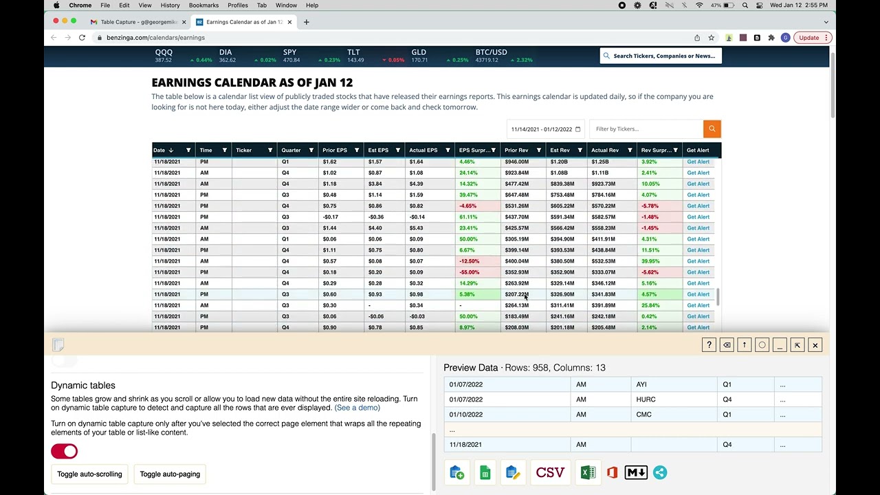 Table Capture: Dynamic Table Capture on Benzinga.com