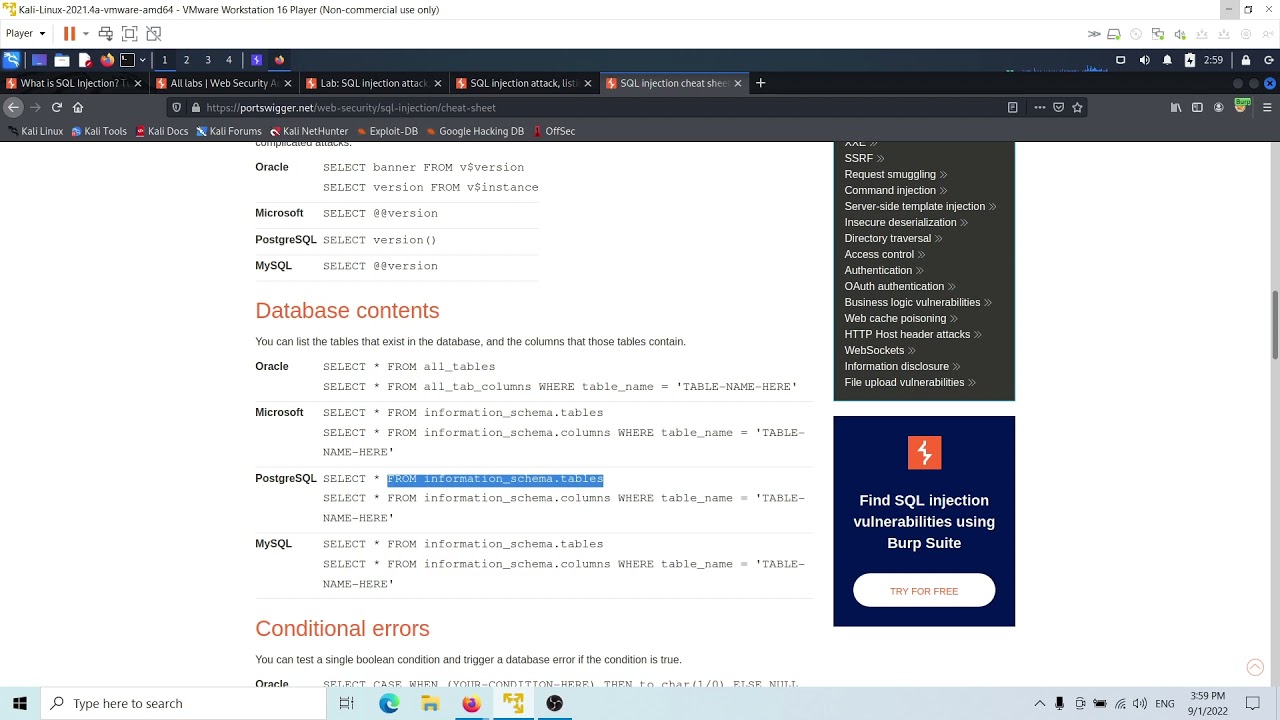 Lab: SQL injection attack, listing the database contents on non-Oracle databases