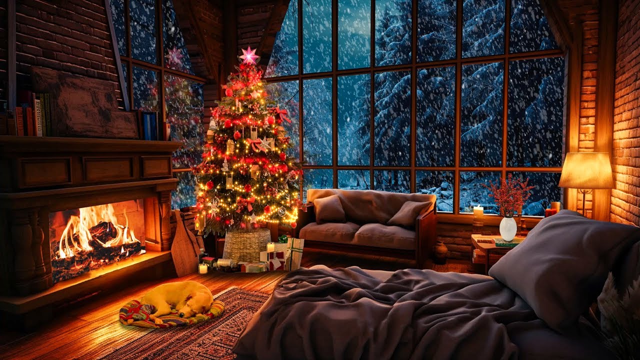 Cozy Christmas Ambience | Heavy snowfall, fireplace sounds for sleeping | Winter wonderland ASMR