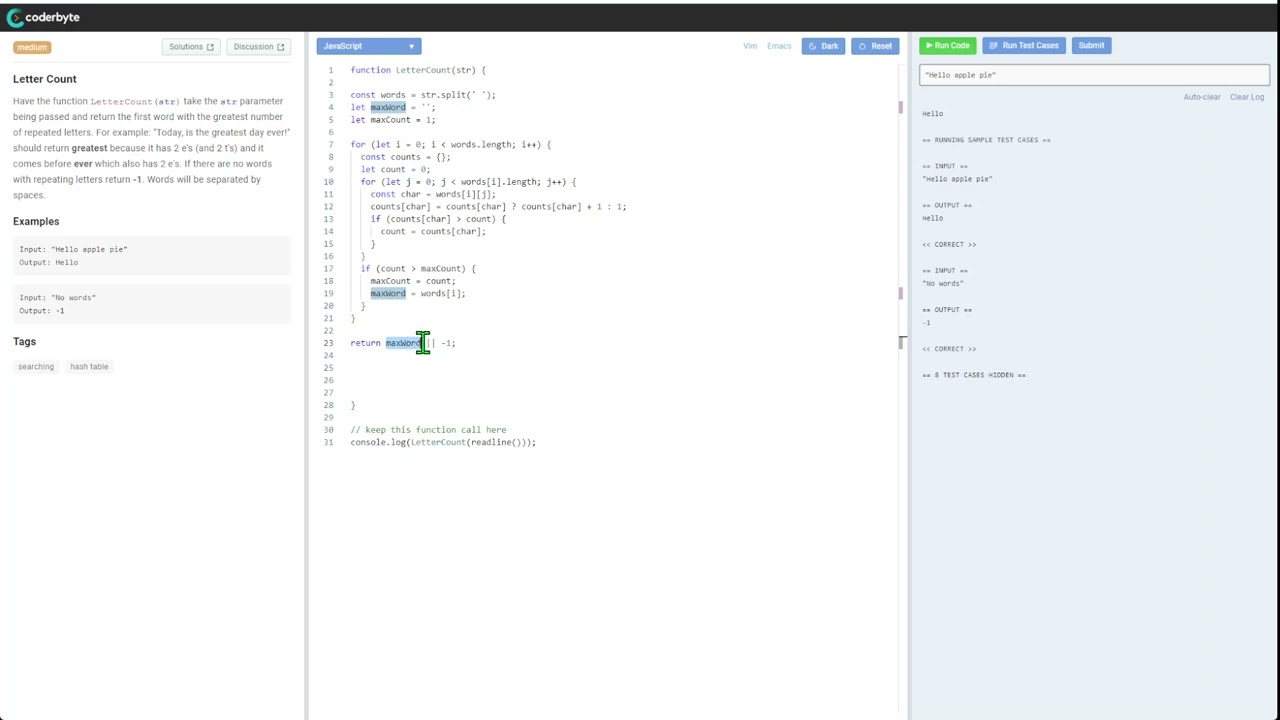 Coderbyte - Letter Count - Code challenge - JavaScript Solution Source Code Answers
