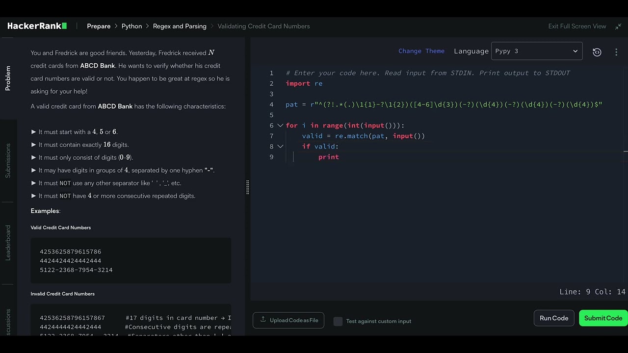 Hackerrank Python Solution #15 Regex and Parsing - Validating Credit Card Numbers