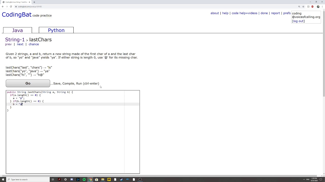 String-1 (lastChars) Java Tutorial || Codingbat.com