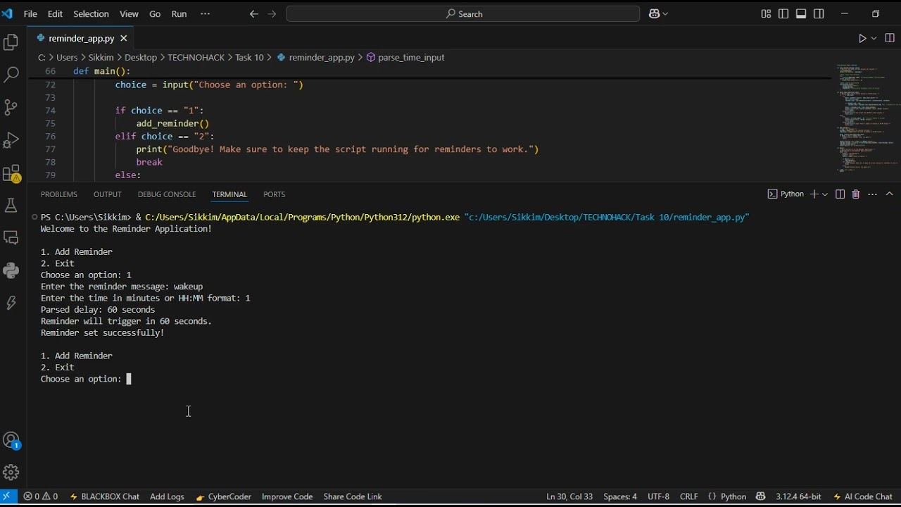 Python Command-Line Reminder Application | TechnoHacks Project
