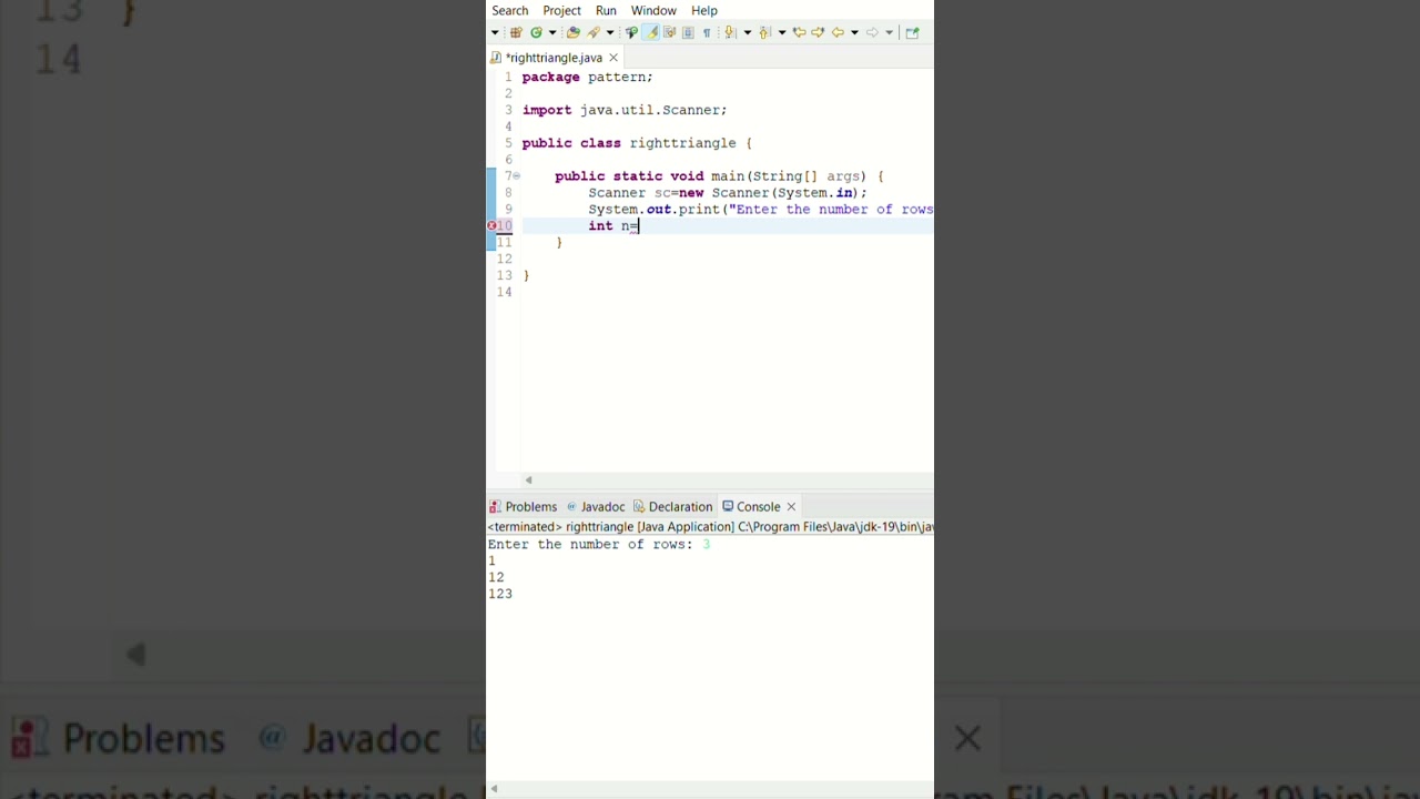 Right triangle number Pattern using java