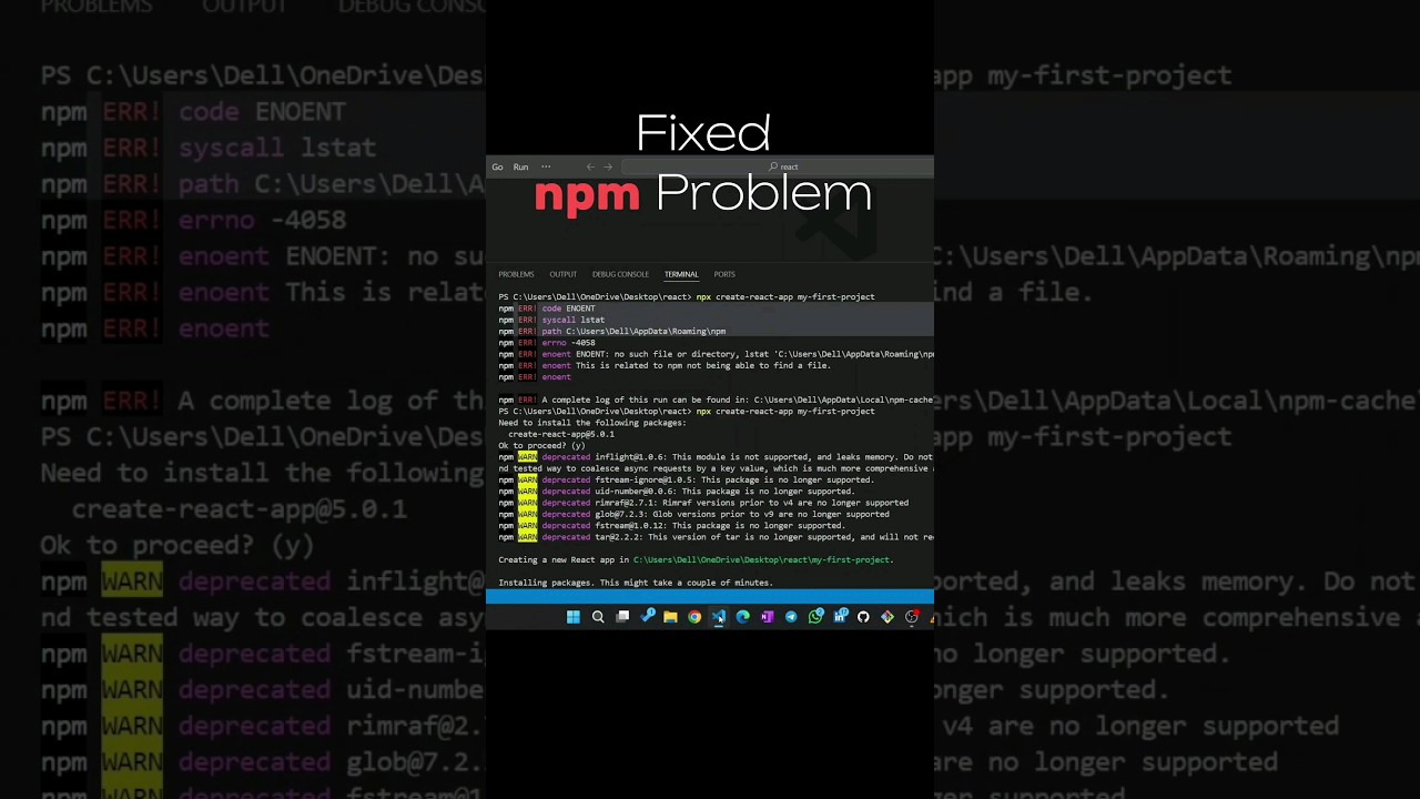 npm Error fixed | install react app in vs code #shorts #tech #coding