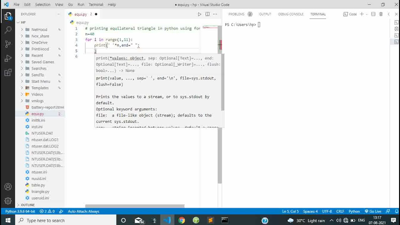 equilateral triangle using for loop in python