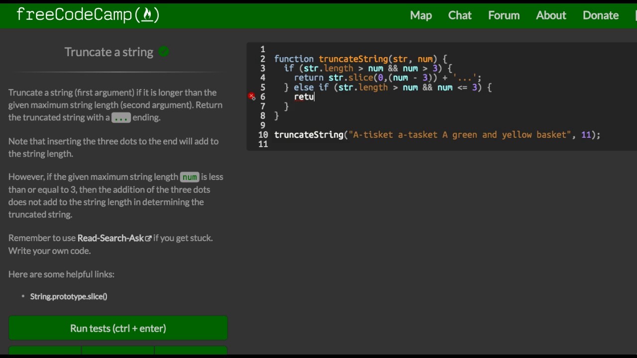 Truncate A String, freeCodeCamp Review Basic Algorithm Scripting lesson 9