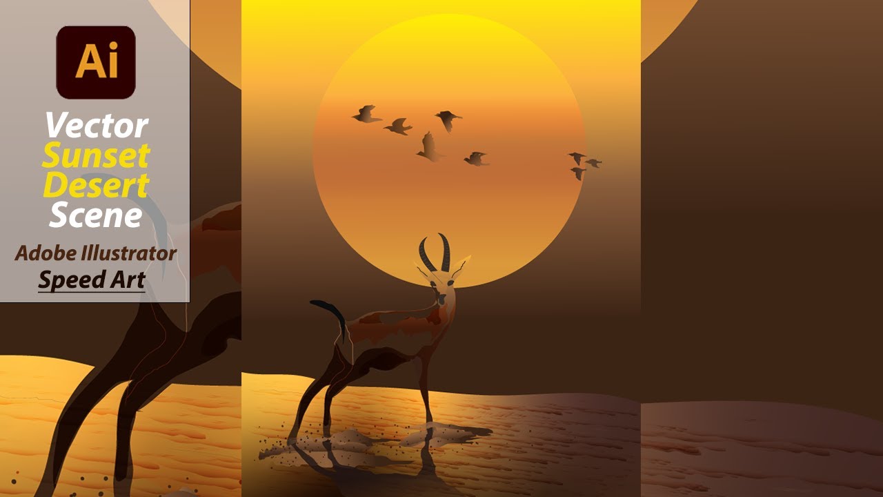 Creating a Vector Sunset Desert Scene with Illustrator | Flying Birds and Gazel (Speed Art)
