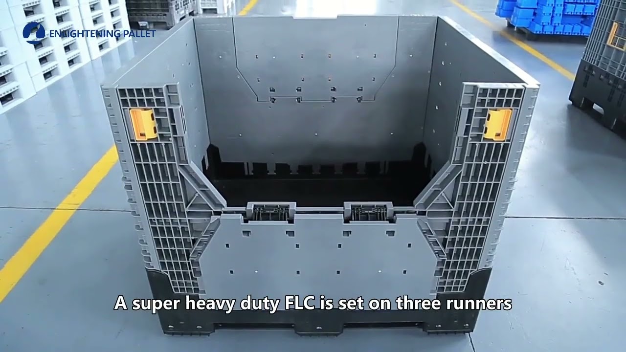 Folding large collapsible plastic pallet box container with heavy duty FLC