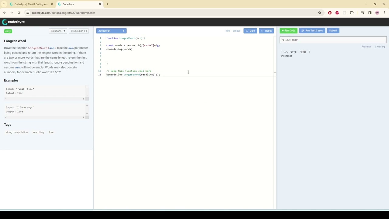 Coderbyte | Longest Word | Easy | Solution with JavaScript