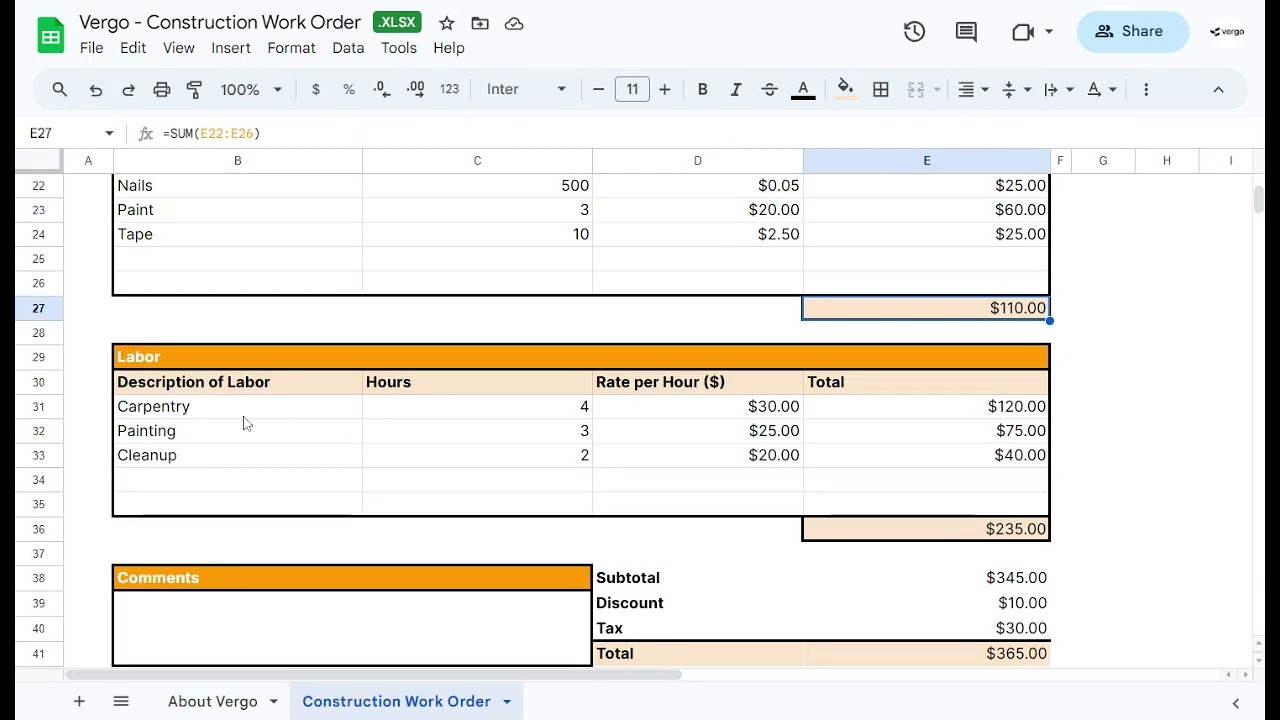 Vergo Construction Work Order template in Google Sheets