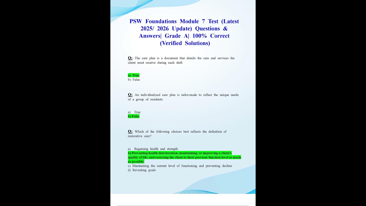 PSW FOUNDATIONS MODULE 7 TEST LATEST 2025 2026 UPDATE QUESTIONS EN ANSWERS GRADE A 100 CORRECT VERIF